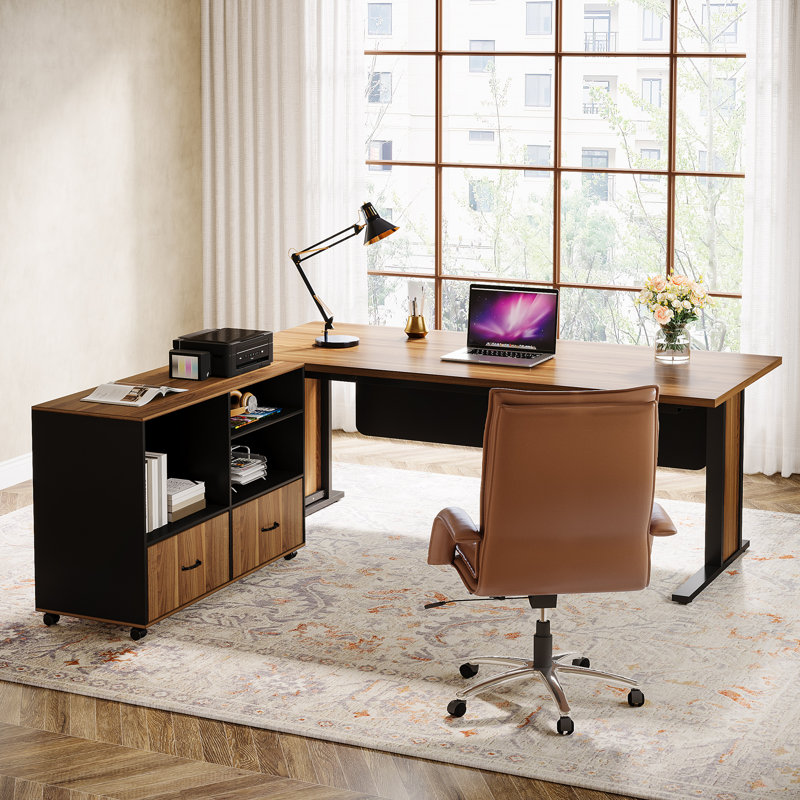 Latitude Run® 63" Large Executive Desk L Shaped Computer Desk with File ...